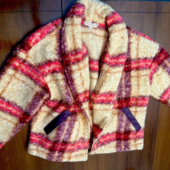 Jackets & Coats | Jacket Soft Fuzzy Material Beige And Red | Poshmark